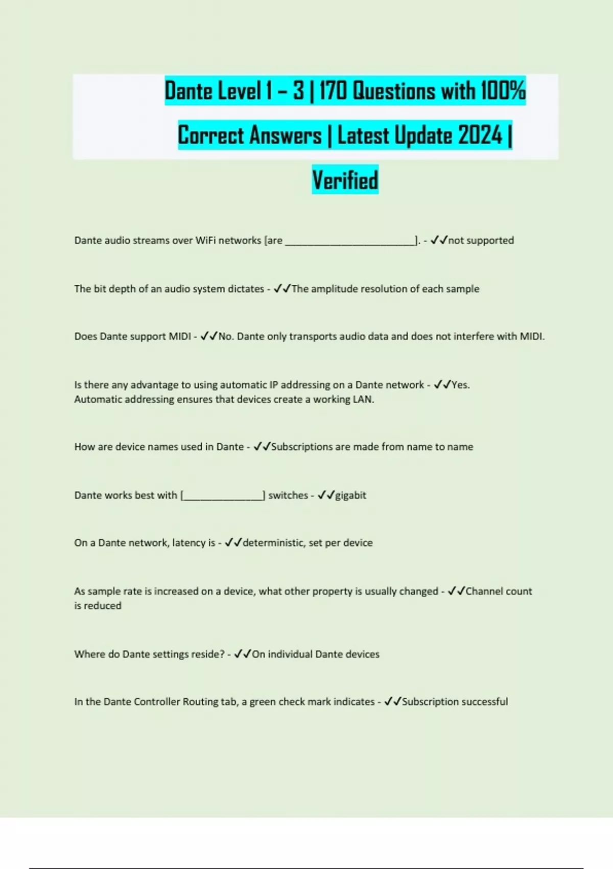 Dante Level 1 – 3 | 170 Questions with 100% Correct Answers | Latest ...