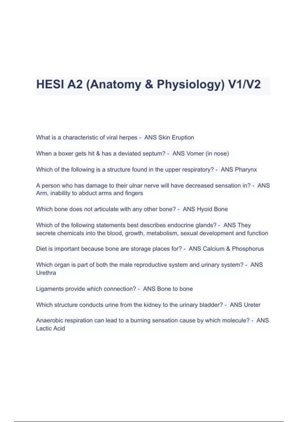 HESI A2 (Anatomy & Physiology) V1&V2 Questions and Answers - Hesi A2 ...