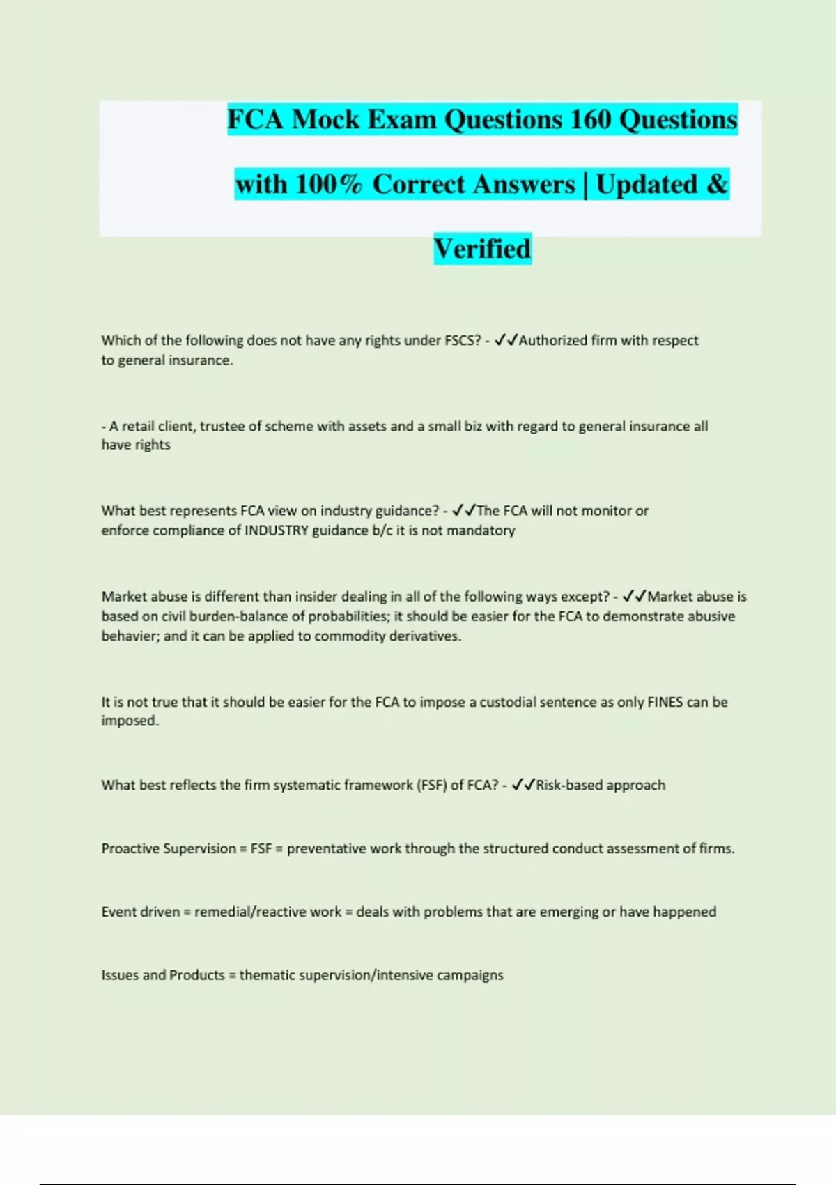 FCA Mock Exam Questions 160 Questions with 100% Correct Answers ...