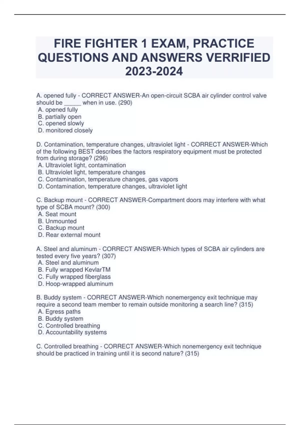 FIRE FIGHTER 1 EXAM, PRACTICE QUESTIONS AND ANSWERS VERRIFIED - Fire ...