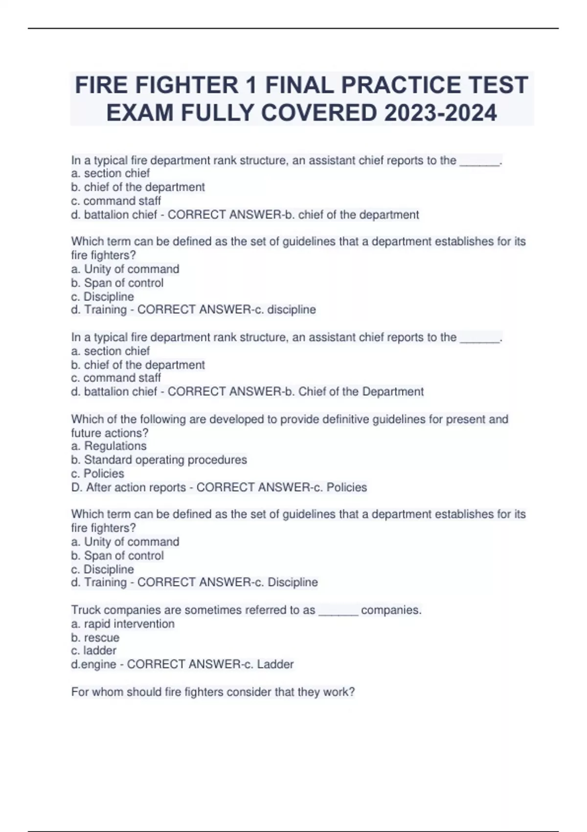 FIRE FIGHTER 1 FINAL PRACTICE TEST EXAM FULLY COVERED - Fire fighter ...