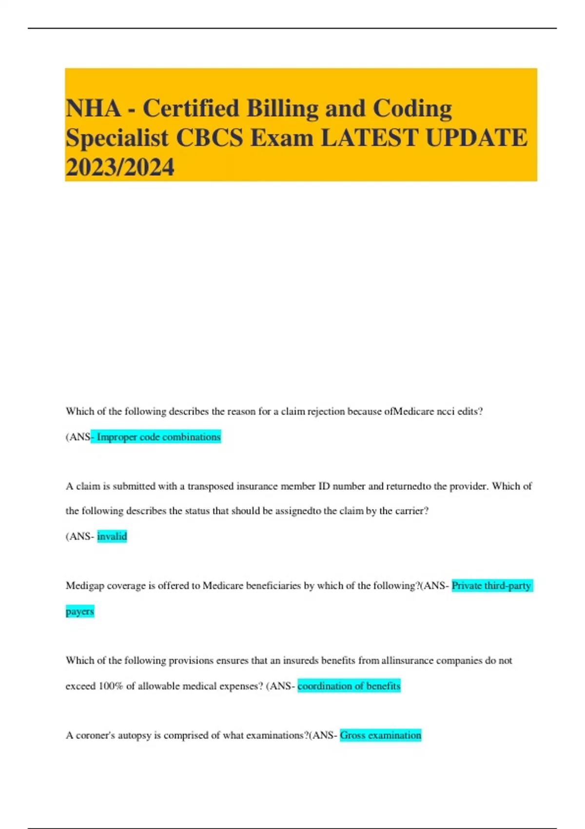 NHA - Certified Billing and Coding Specialist CBCS Exam LATEST UPDATE ...