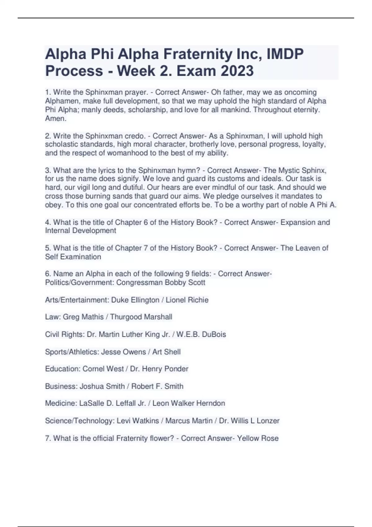 Alpha Phi Alpha Fraternity Inc, IMDP Process - Week 2. Exam 2023 ...