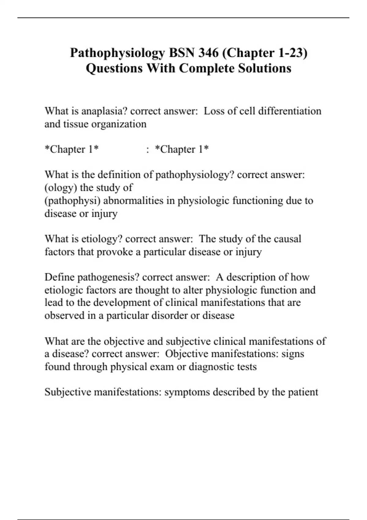 Pathophysiology BSN 346 (Chapter 1-23) Questions With Complete Solutions - BSN 346 - Stuvia US