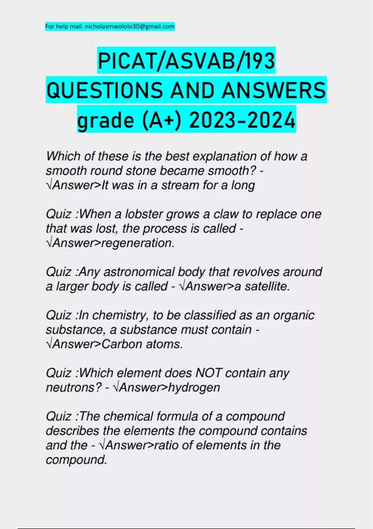 PICAT/ASVAB/193 QUESTIONS AND ANSWERS grade (A+) - PICAT/ASVAB - Stuvia US
