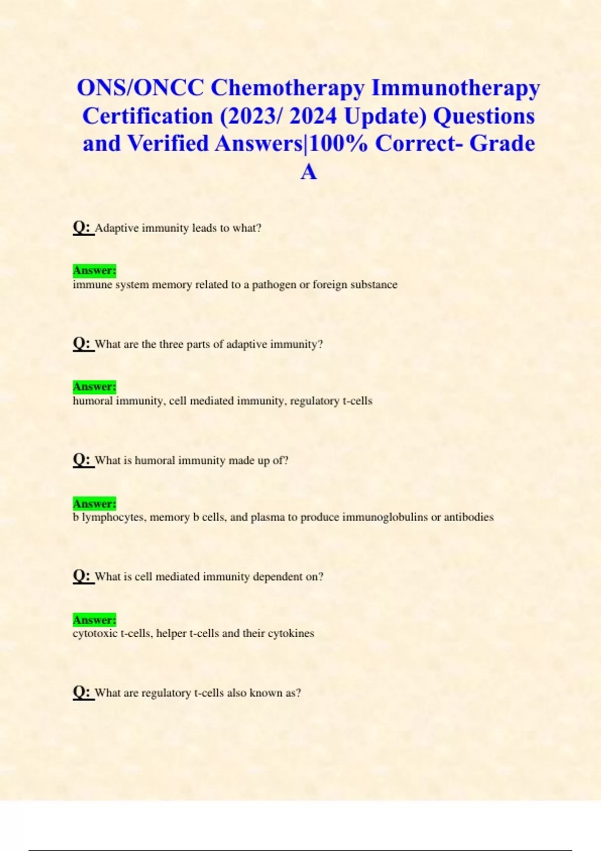 ONS/ONCC Chemotherapy Immunotherapy Certification (2023/ 2024 Update) Questions and Verified ...