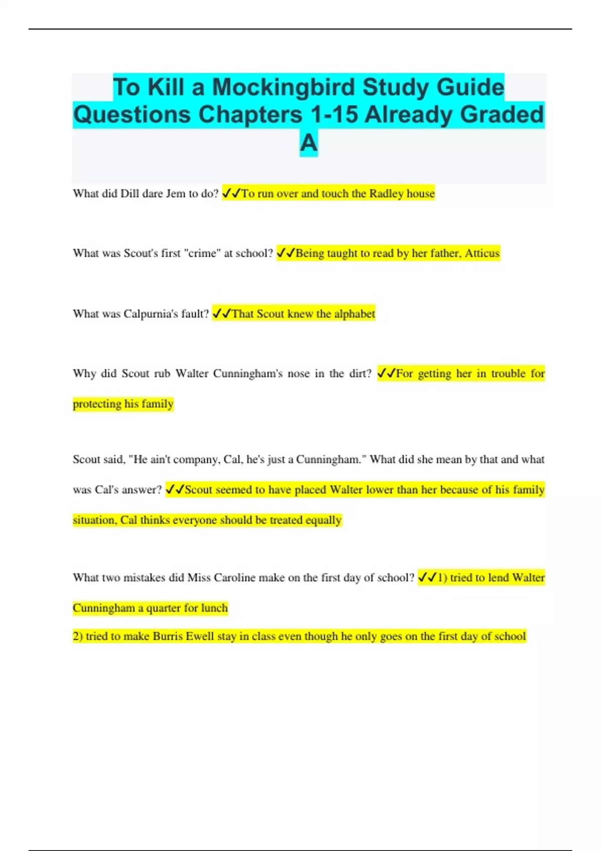 To Kill a Mockingbird Study Guide Questions Chapters 1-15 Already ...