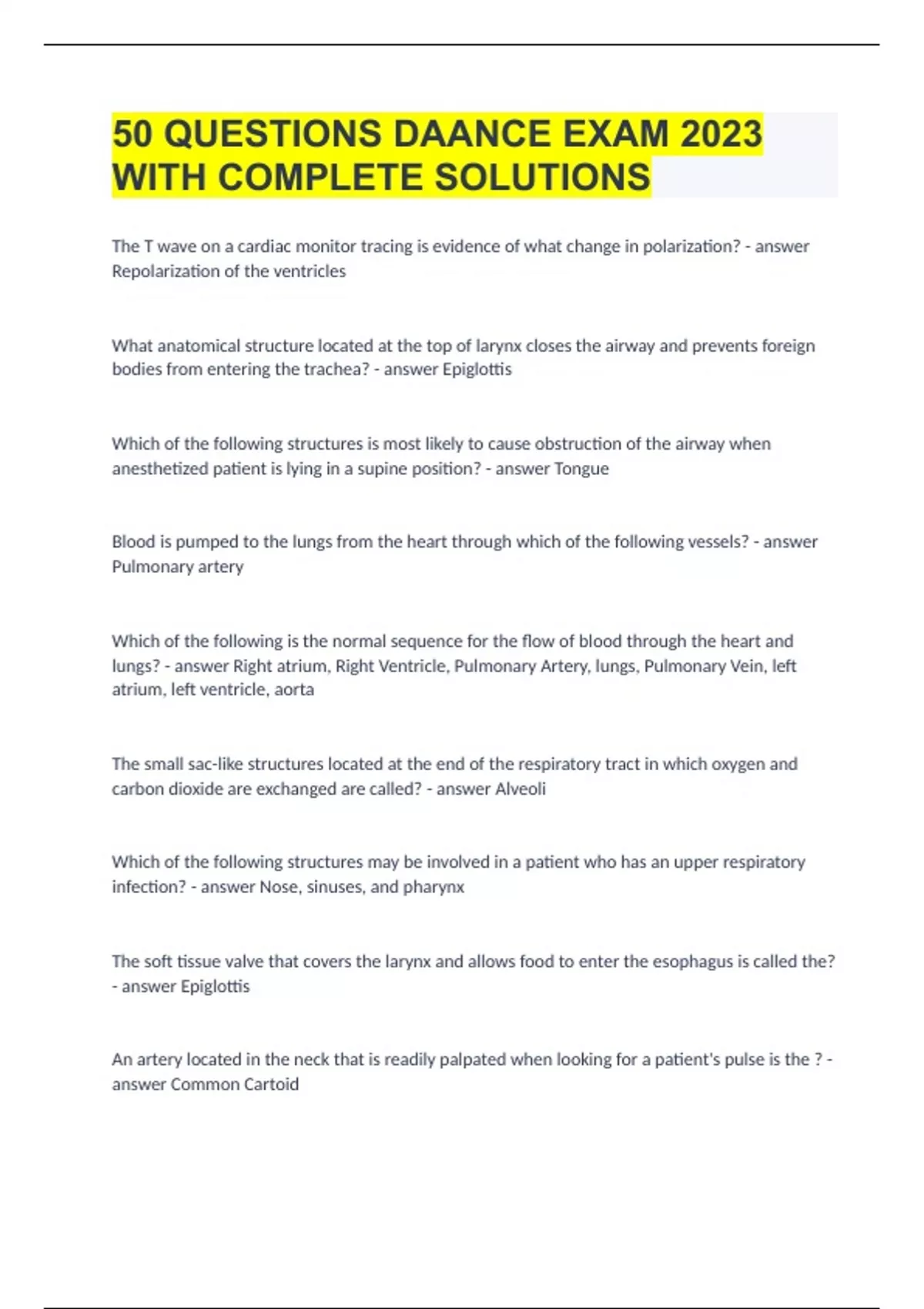 50 QUESTIONS DAANCE EXAM 2023 WITH COMPLETE SOLUTIONS - DAANCE - Stuvia US