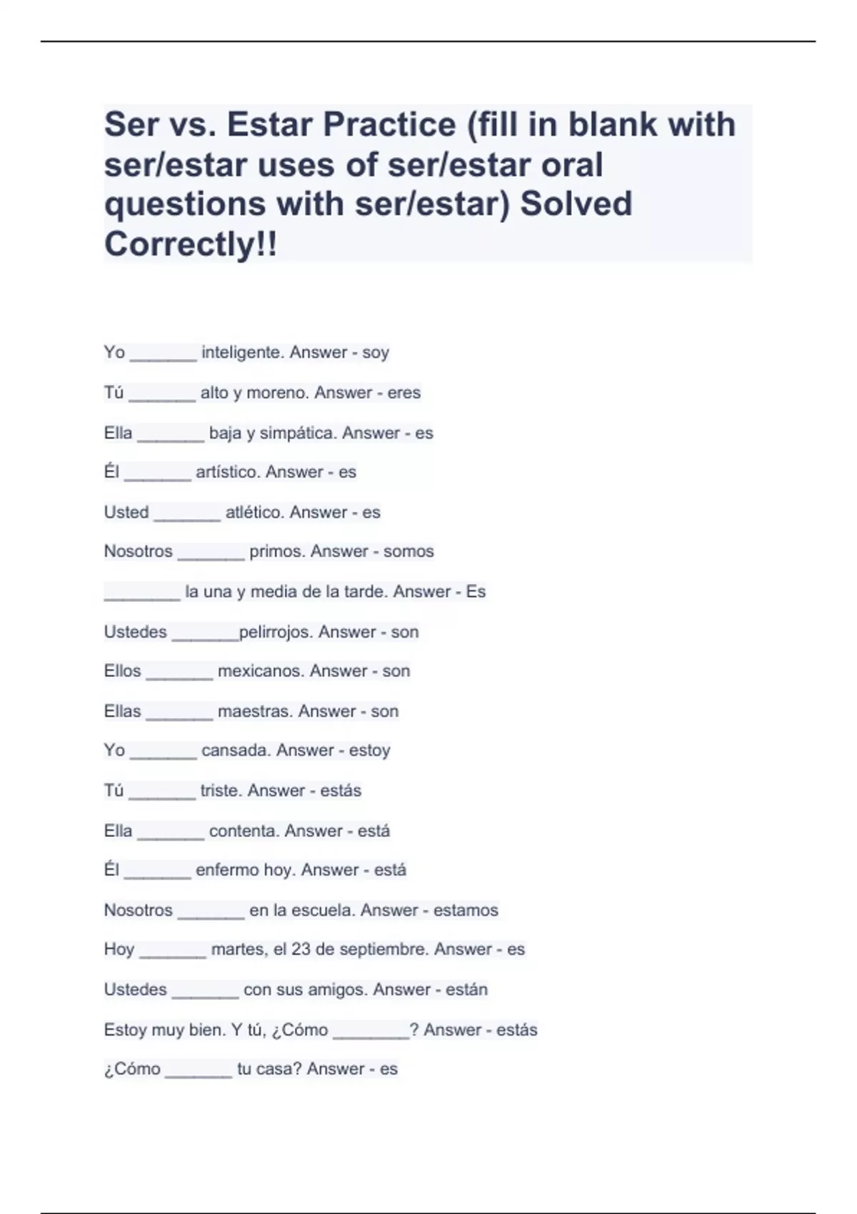 Ser vs. Estar Practice (fill in blank with ser/estar uses of ser/estar ...