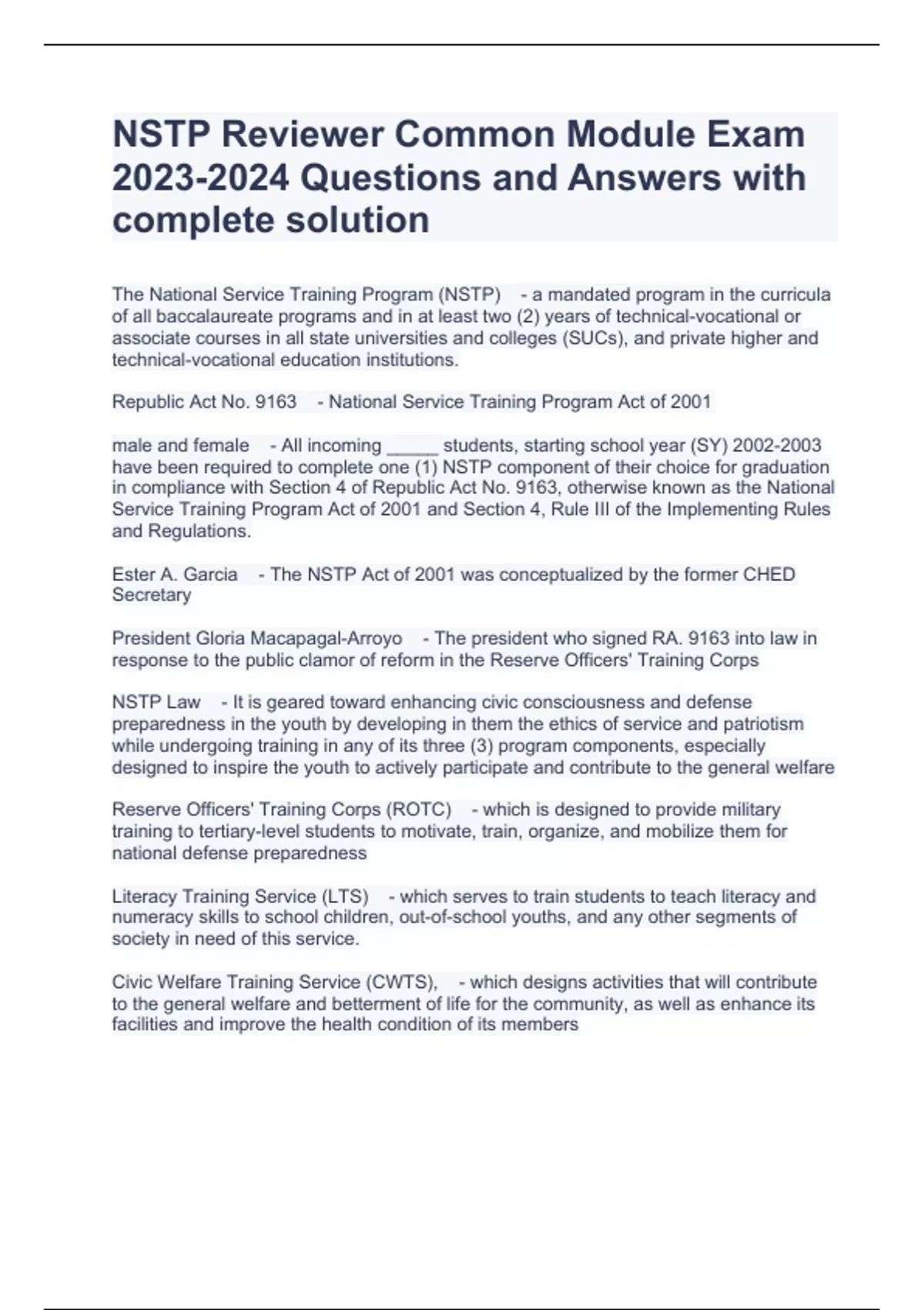 NSTP Reviewer Common Module Exam Questions and Answers with complete ...