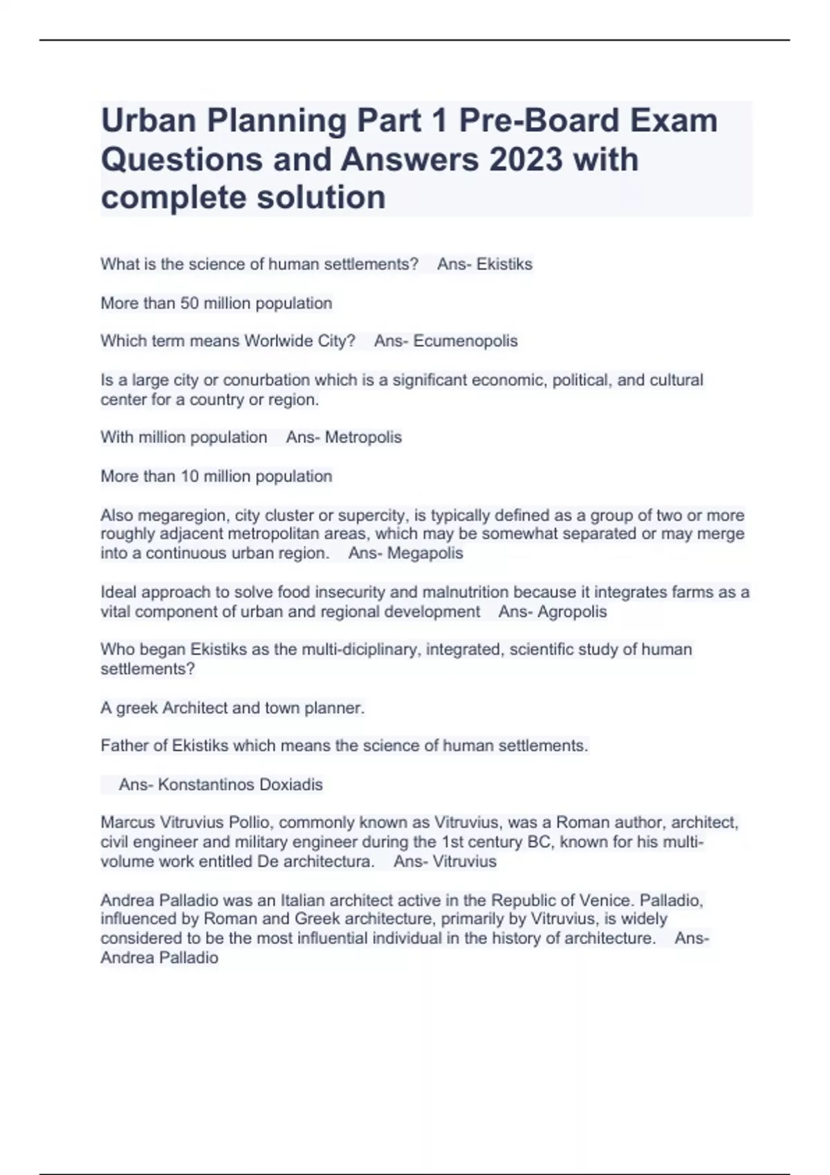 Urban Planning Part 1 Pre-Board Exam Questions and Answers 2023 with ...