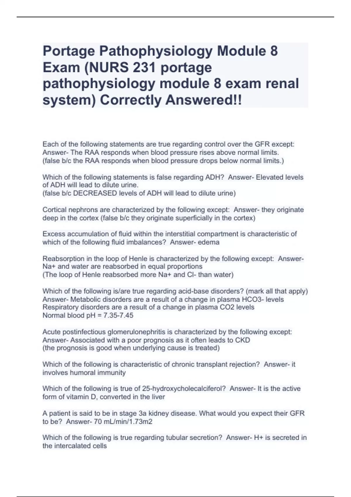 Portage Pathophysiology Module 8 Exam (NURS 231 portage pathophysiology ...