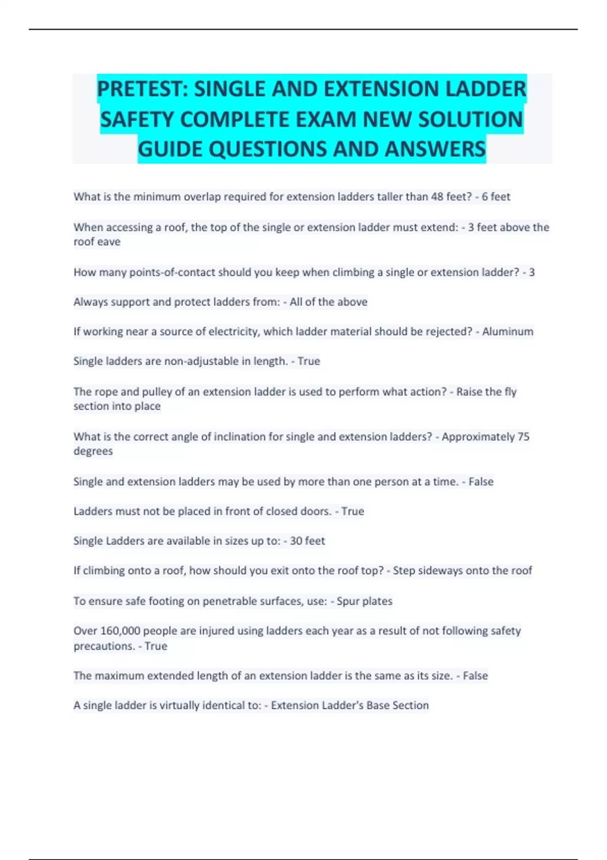PRETEST SINGLE AND EXTENSION LADDER SAFETY COMPLETE EXAM NEW SOLUTION ...
