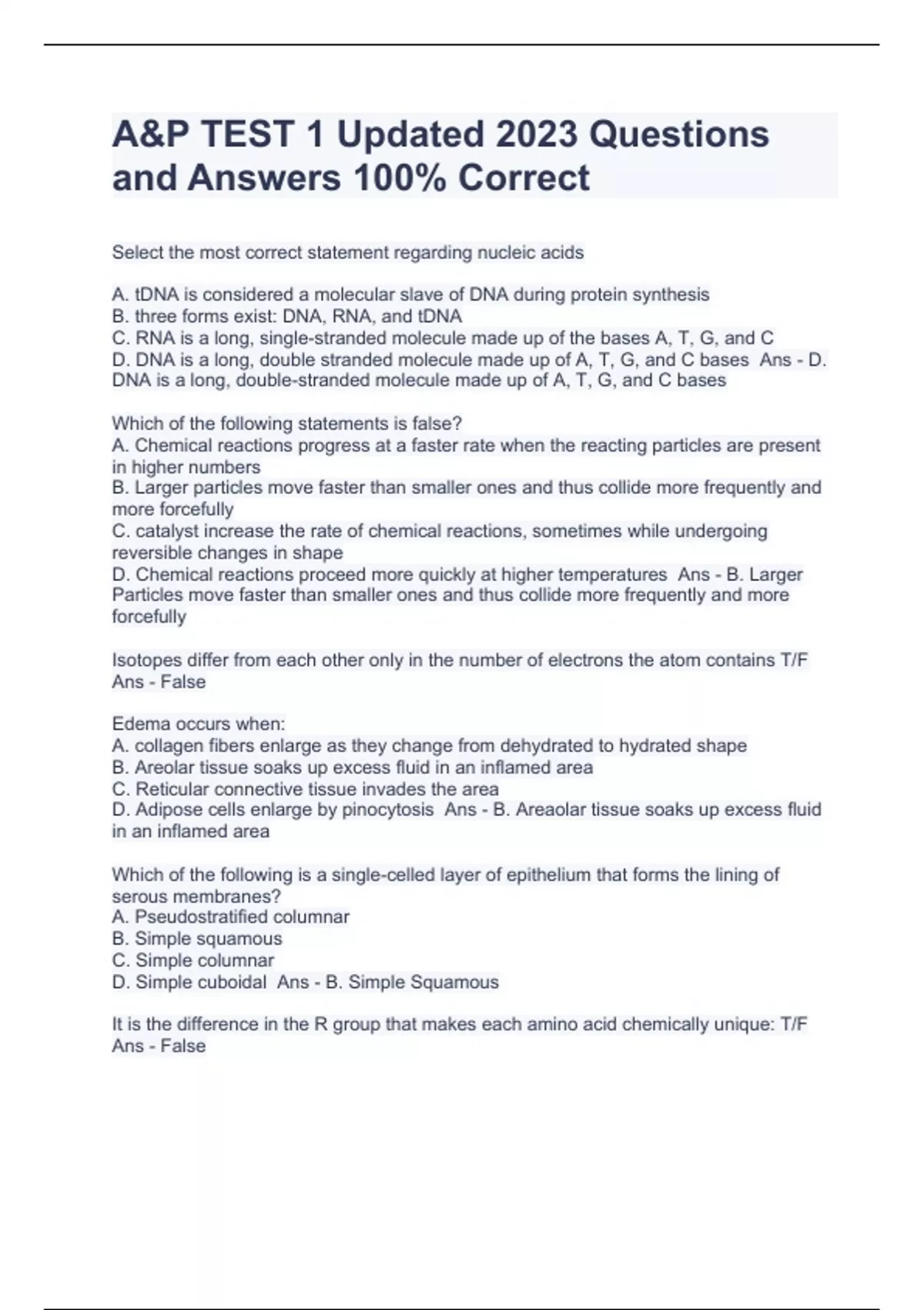 A&P TEST 1 Updated 2023 Questions and Answers 100% Correct - A&P ...