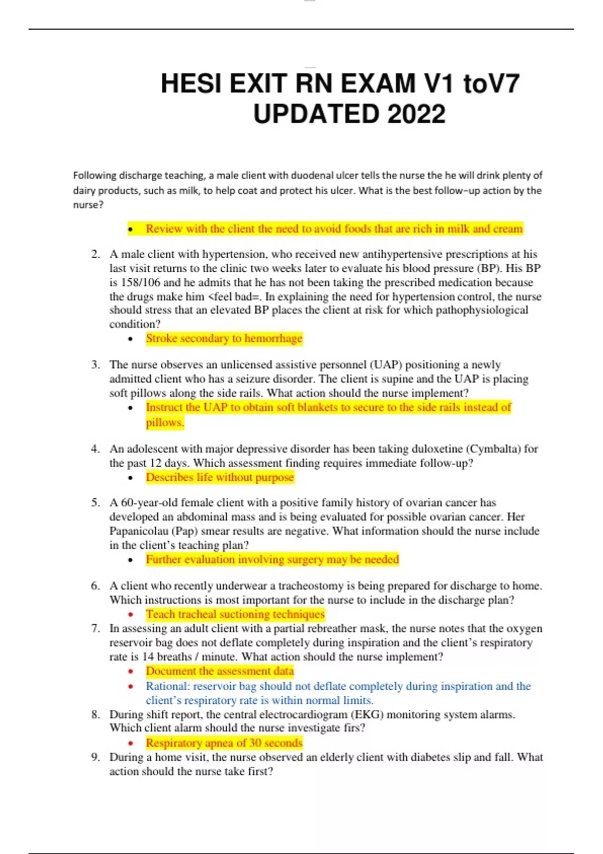 HESI EXIT RN EXAM V1 toV7 UPDATED with correct verified answers - HESI ...