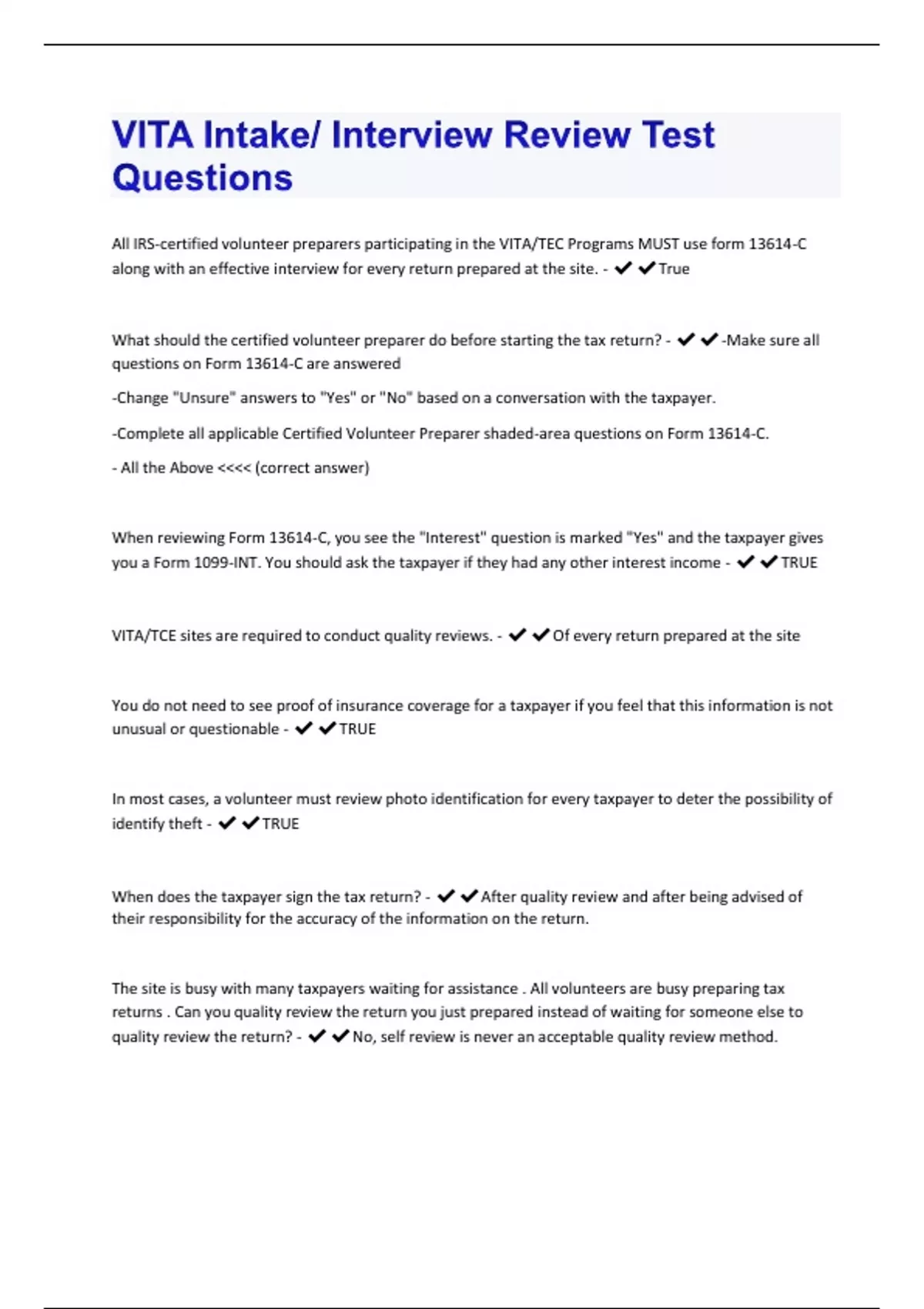 VITA Intake/ Interview Review Test Questions Graded A+(100% Verified ...