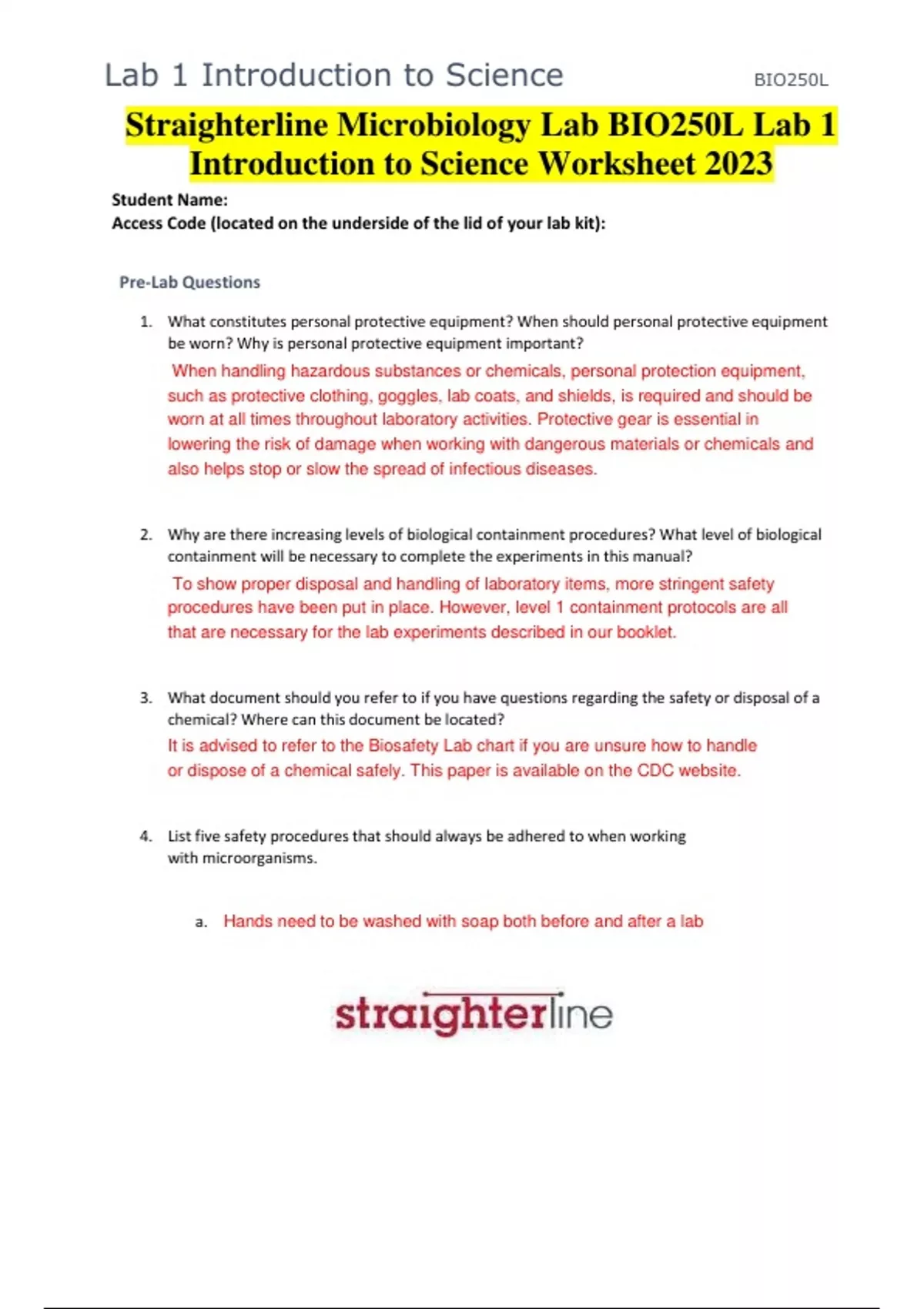 Straighterline Microbiology Lab BIO250L Lab 1 Introduction to Science Worksheet 2023 ...