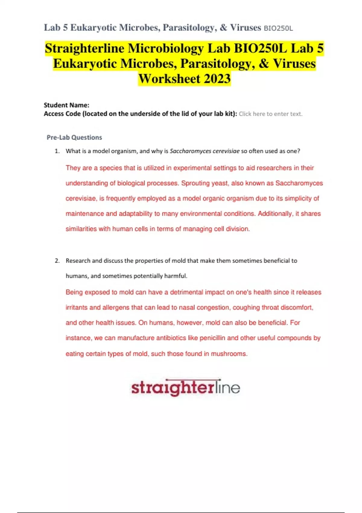 Straighterline Microbiology Lab BIO250L Lab 5 Eukaryotic Microbes ...
