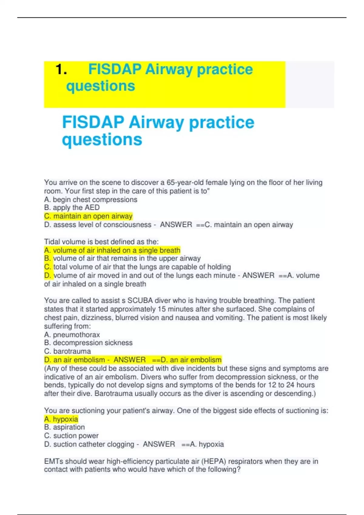 Emt Fisdap Airway Exam Actual Exam Questions And Correct Answers