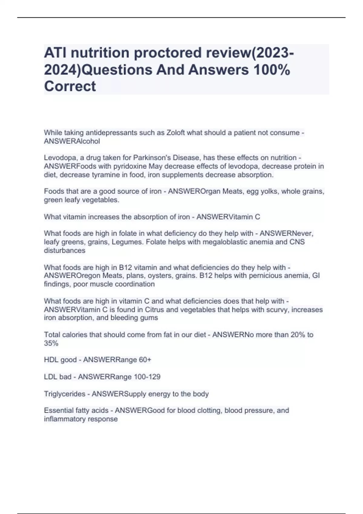 ATI nutrition proctored review()Questions And Answers 100% Correct ...