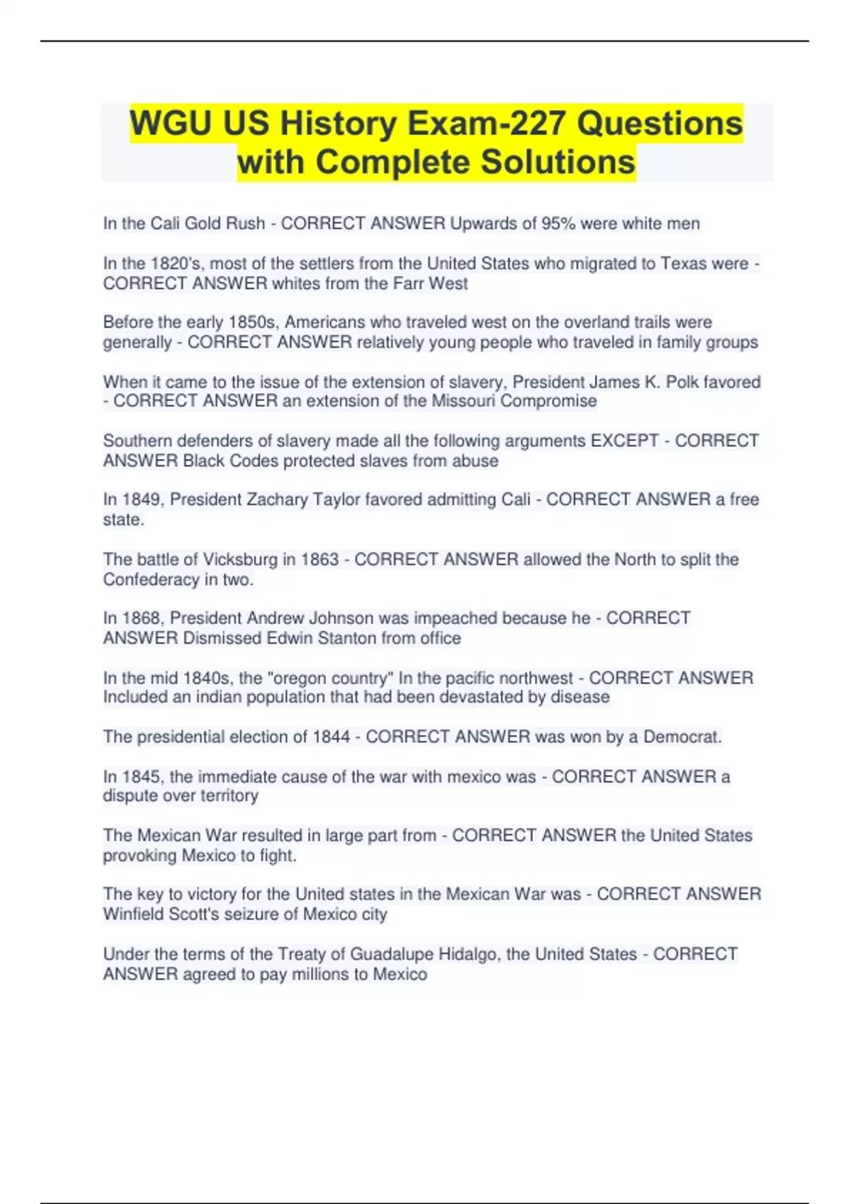WGU US History Exam-227 Questions with Complete Solutions - WGU - Stuvia US