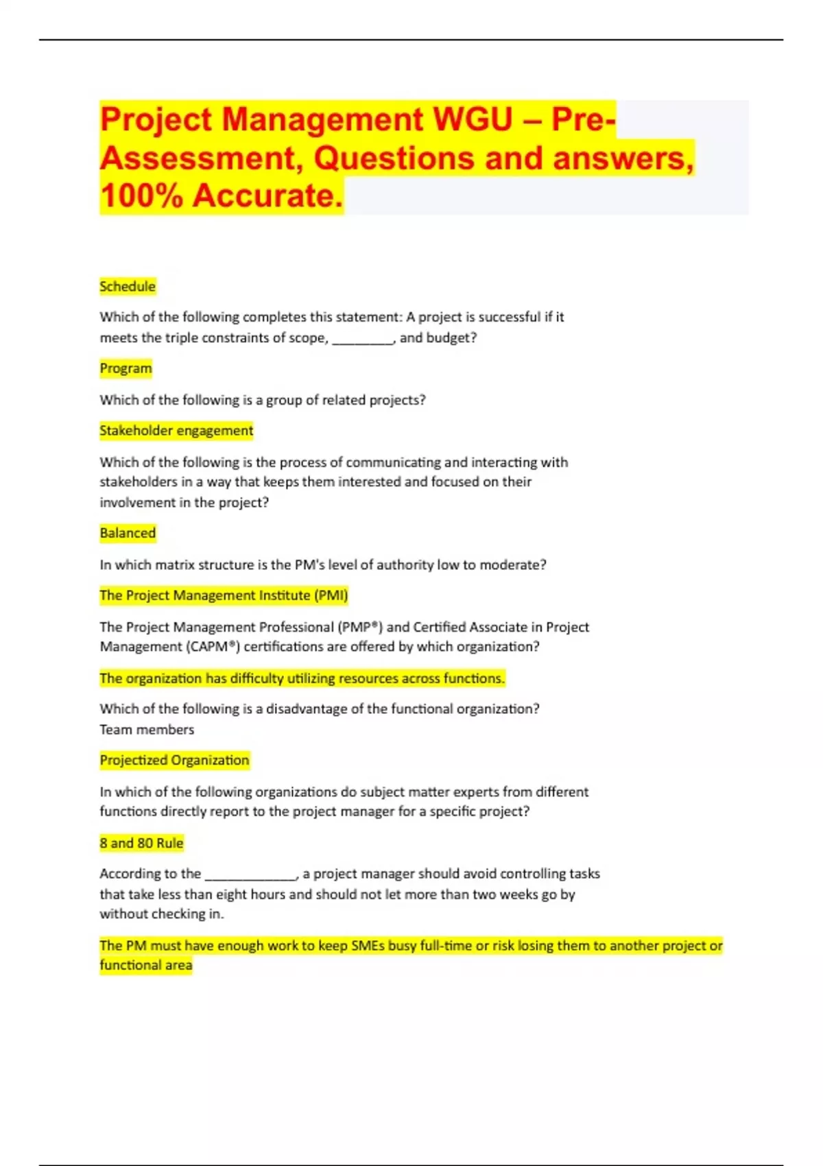 Project Management WGU – Pre Assessment, Questions and answers, 100% ...