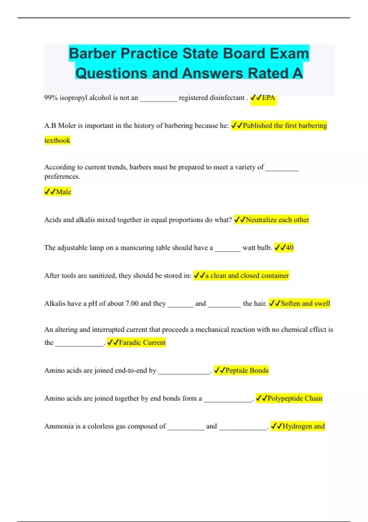 Barber Practice State Board Exam Questions And Answers Rated A ...
