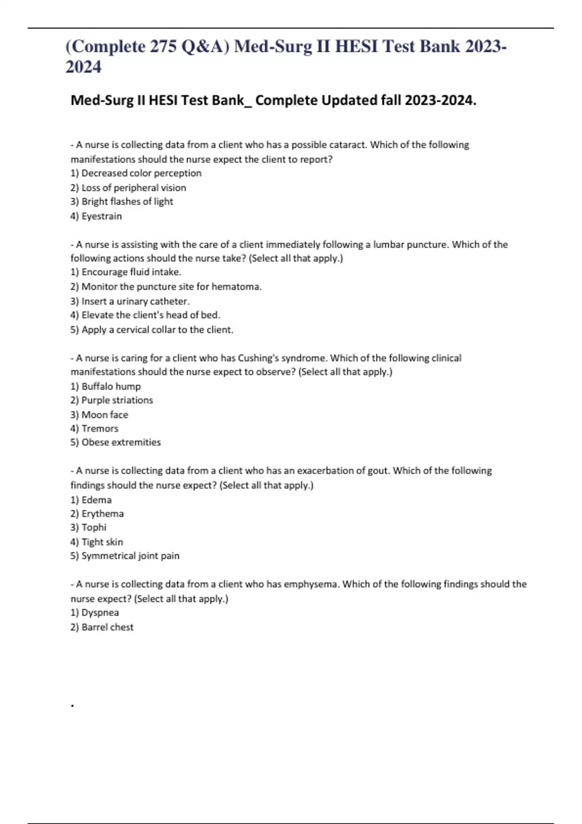 (Complete 275 Q&A) Med-Surg II HESI Test Bank Med-Surg II HESI Test ...