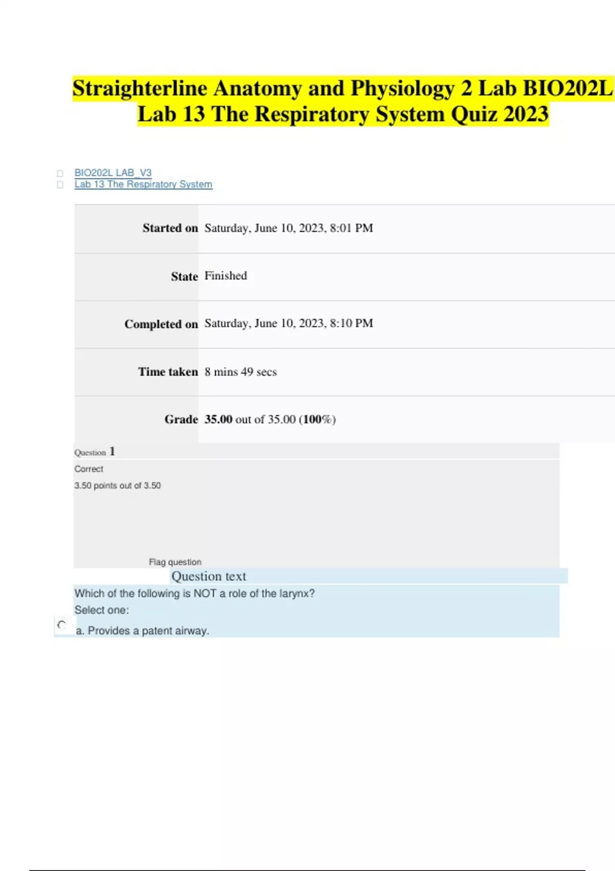 Straighterline Anatomy and Physiology 2 Lab BIO202L Lab 13| The Respiratory System Quiz and ...