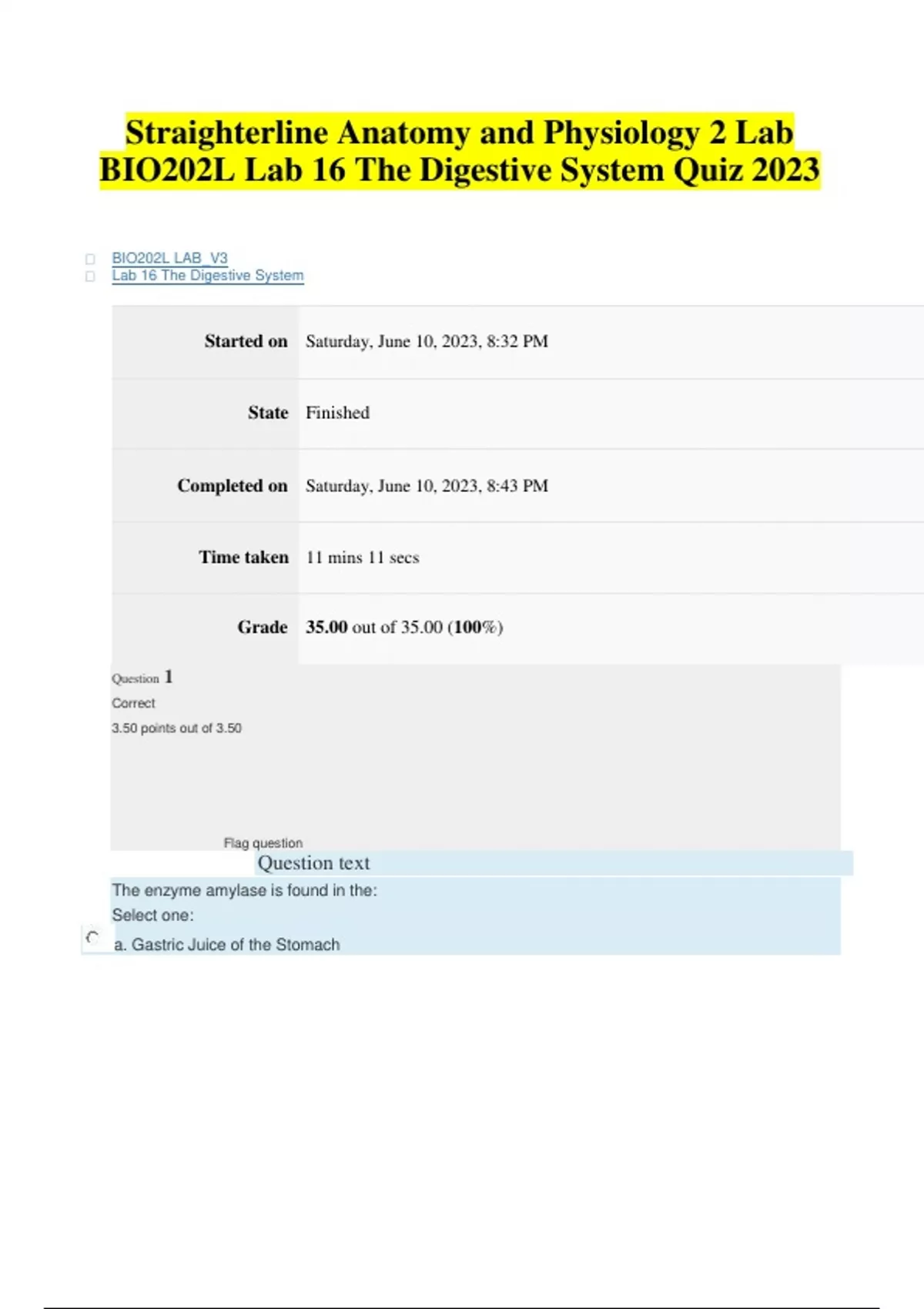 Straighterline Anatomy and Physiology 2 Lab BIO202L Lab 16| The Digestive System Quiz and ...