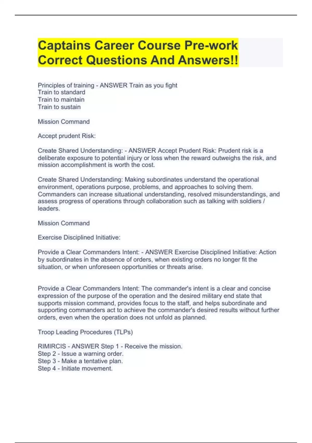 Captains Career Course Pre Work Correct Questions And Answers Captains Career Course Pre