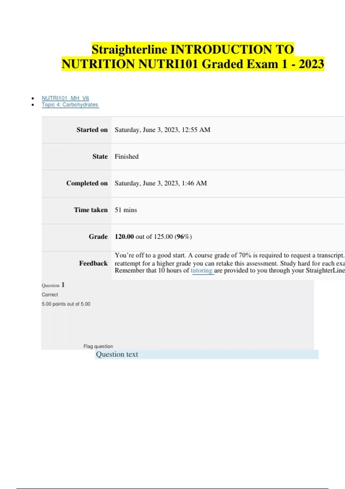 Straighterline Introduction To Nutrition Nutri101 Graded Exam 1 Questions With Correct Answers