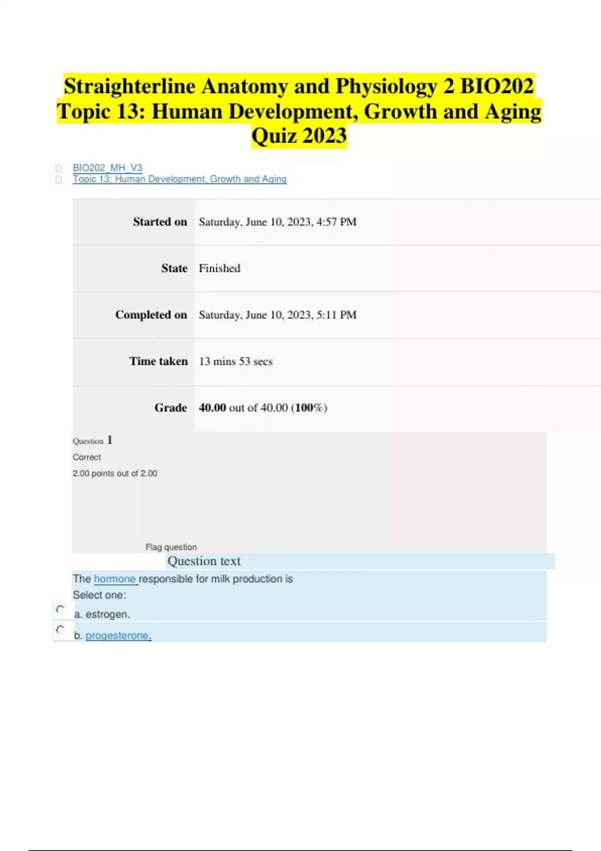 Straighterline Anatomy and Physiology 2 BIO202 Topic 13: Human Development, Growth and Aging ...