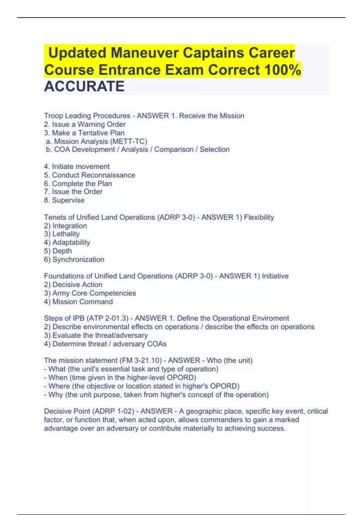 Updated Maneuver Captains Career Course Entrance Exam Correct 100% ...