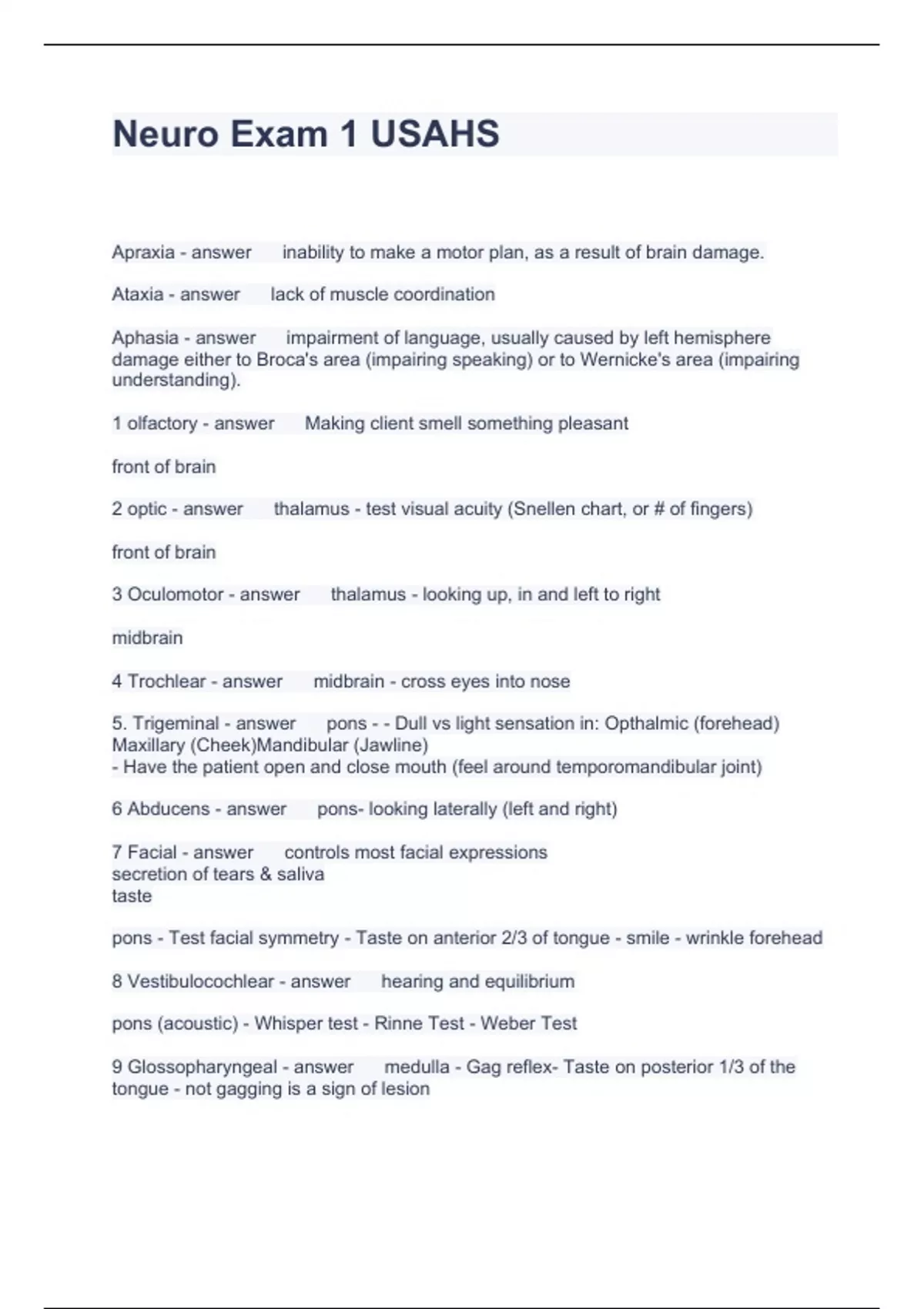 Neuro Exam 1 USAHS Questions with solutions 2023 - USAHS - Stuvia US
