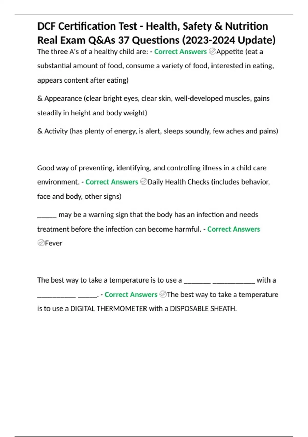 DCF Certification Test - Health, Safety & Nutrition Real Exam Q&As 37 ...