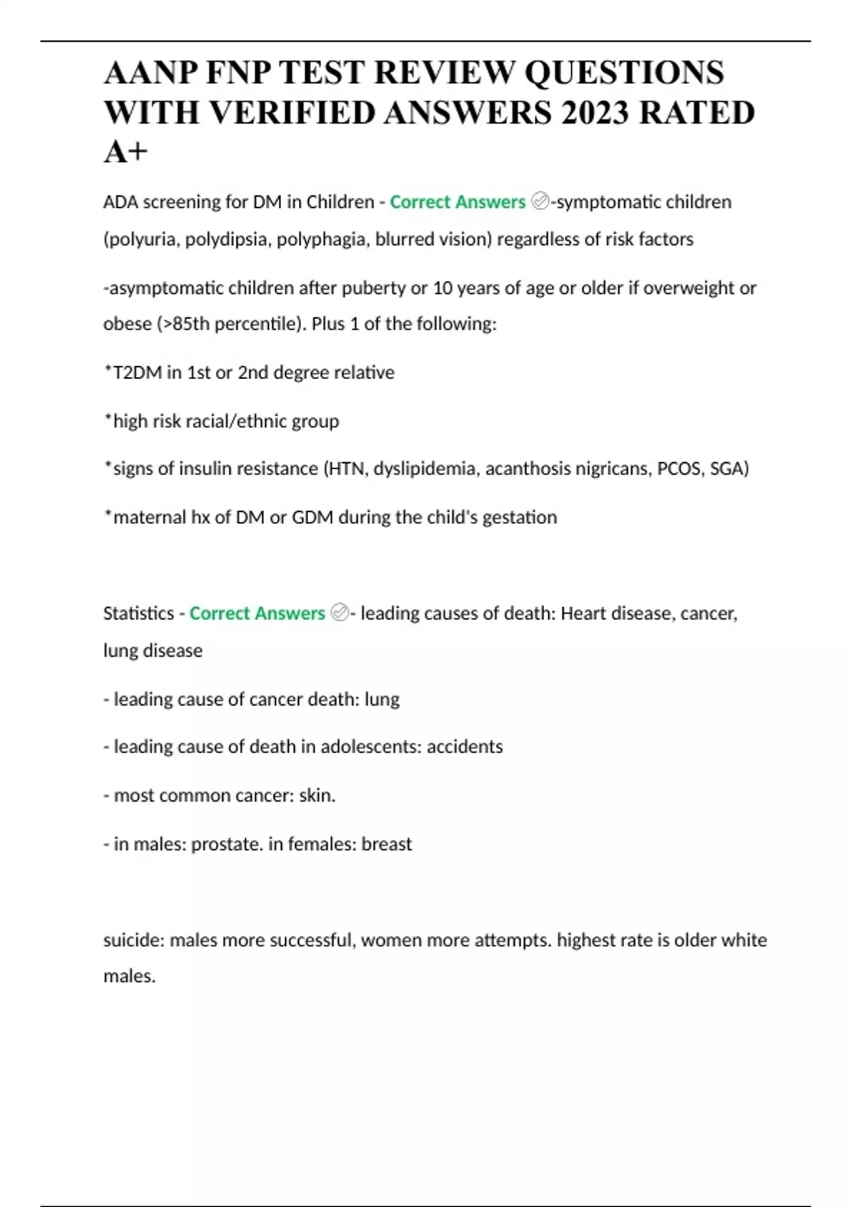 Summary AANP FNP TEST REVIEW QUESTIONS WITH VERIFIED ANSWERS 2023 RATED ...