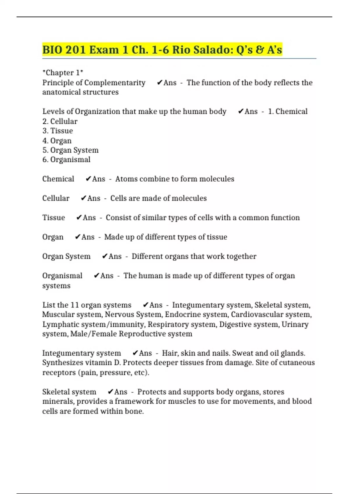BIO 201 Exam 1 Ch. 1-6 Rio Salado: Q’s & A’s - Rio Salado BIO 202 - Stuvia US