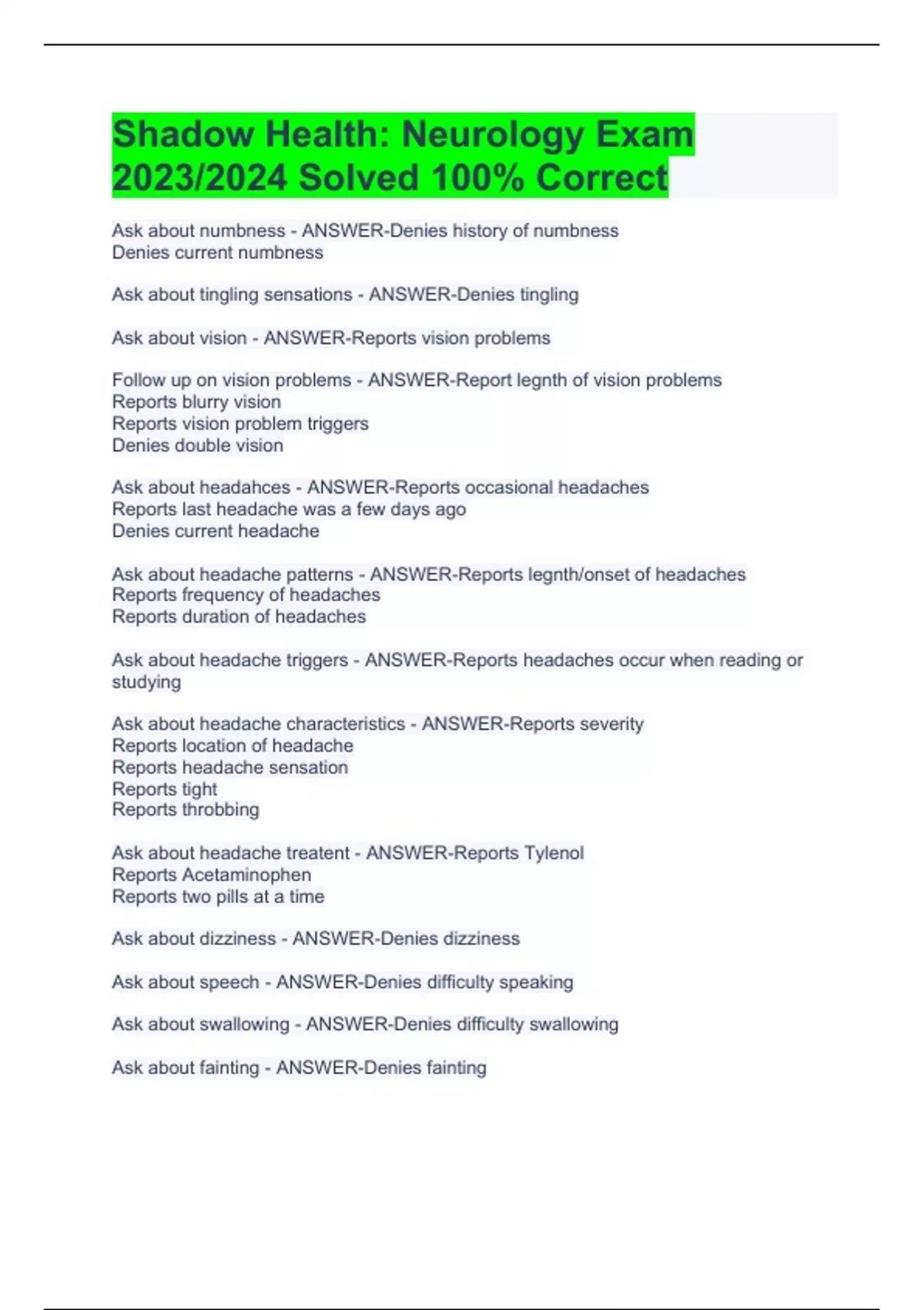 Shadow Health: Neurology Exam 2023/2024 Solved 100% Correct - Shadow ...