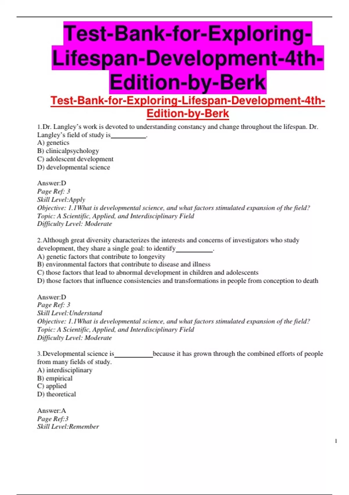 TEST BANK FOR EXPLORING LIFESPAN DEVELOPMENT 4TH EDITION BY BERK ...