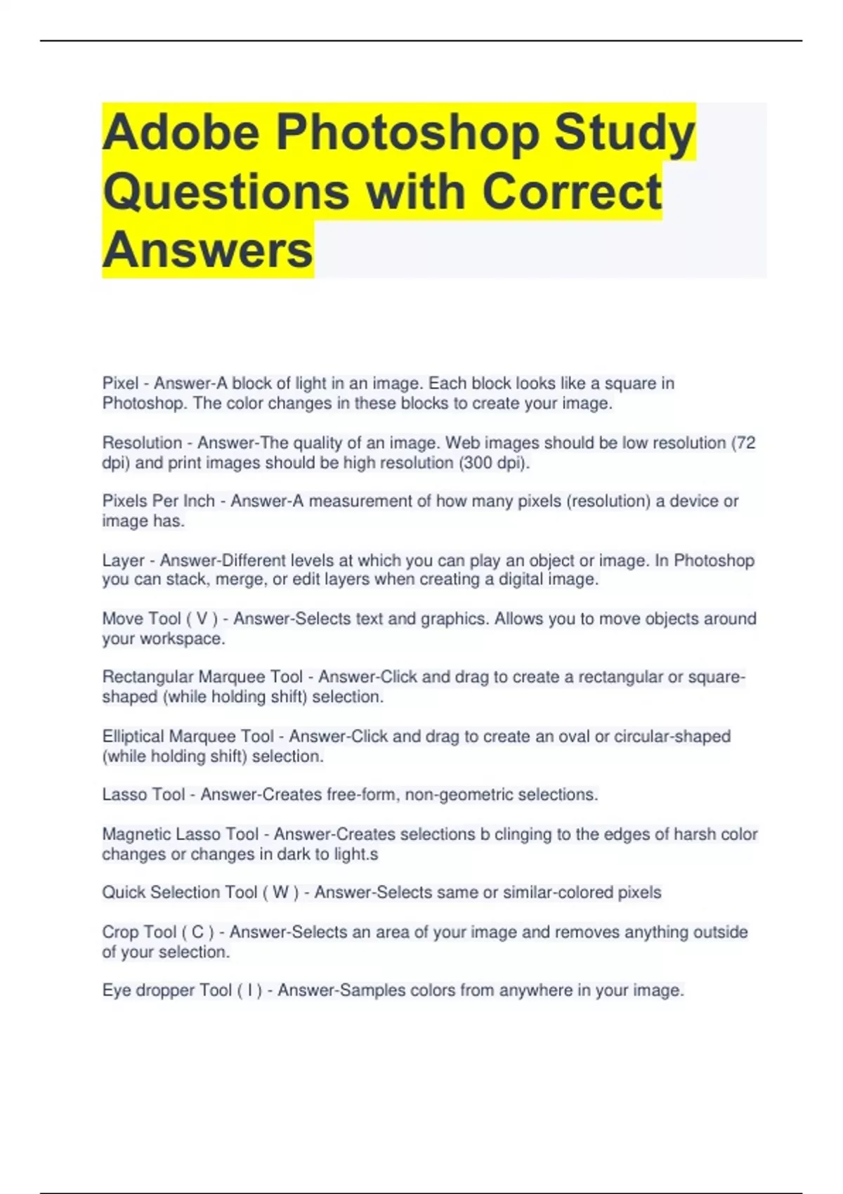 Adobe Photoshop Study Questions with Correct Answers - Adobe Photoshop ...