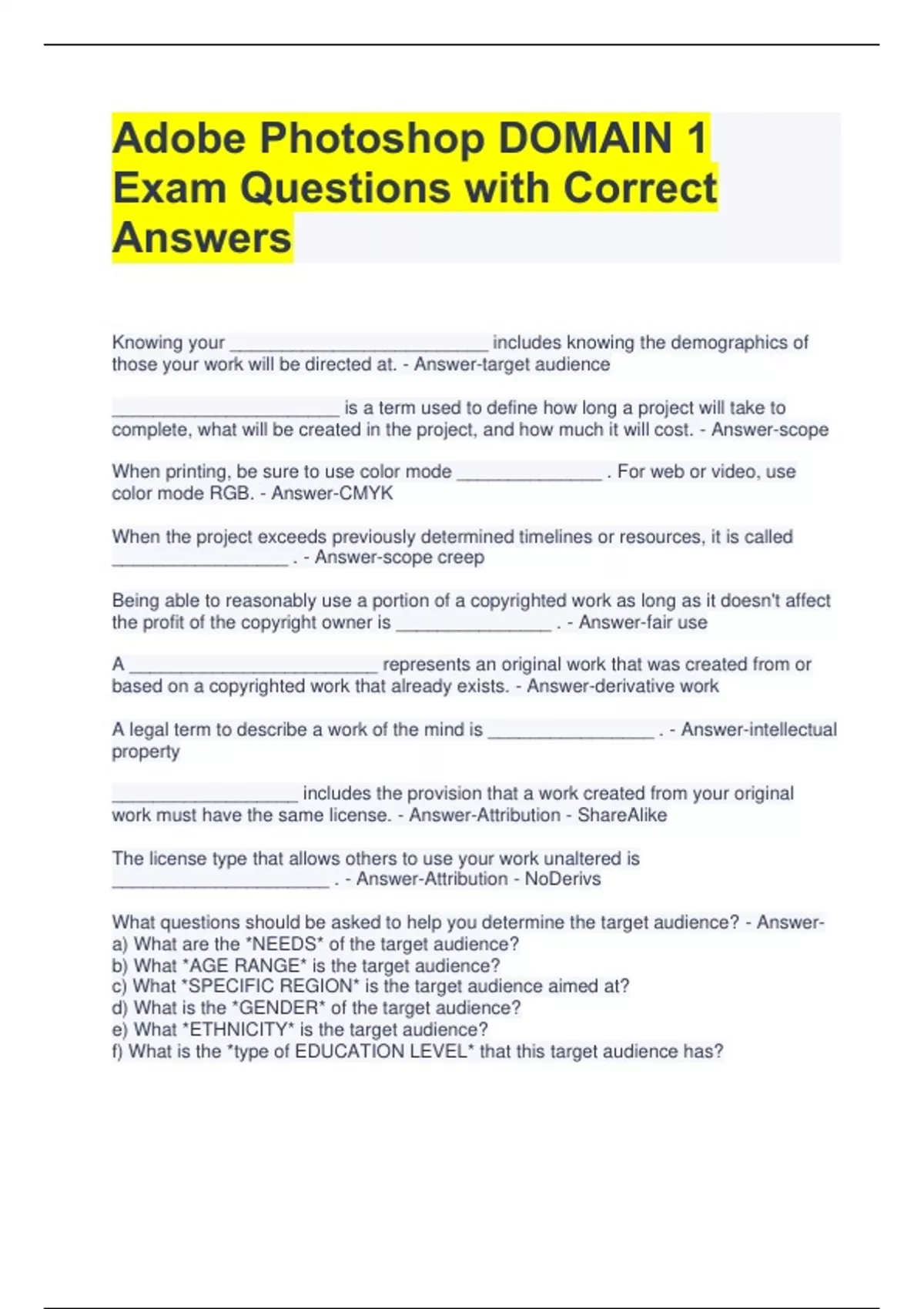 Adobe Photoshop DOMAIN 1 Exam Questions with Correct Answers - Adobe ...