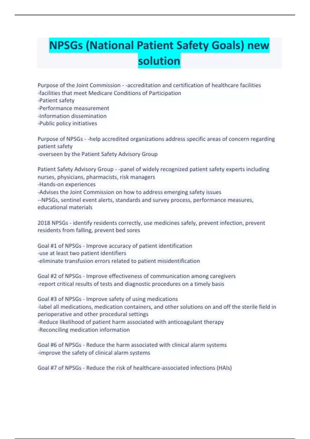 NPSGs (National Patient Safety Goals) new solution - NPSGs - Stuvia US