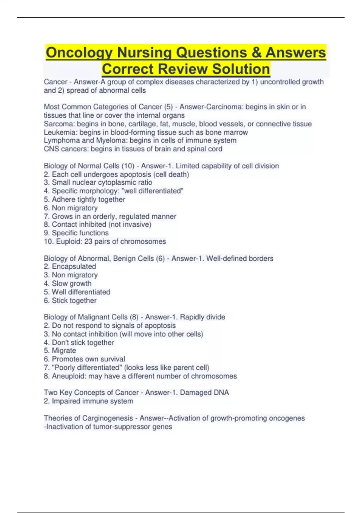 Oncology Nursing Questions & Answers Correct Review Solution - Oncology ...