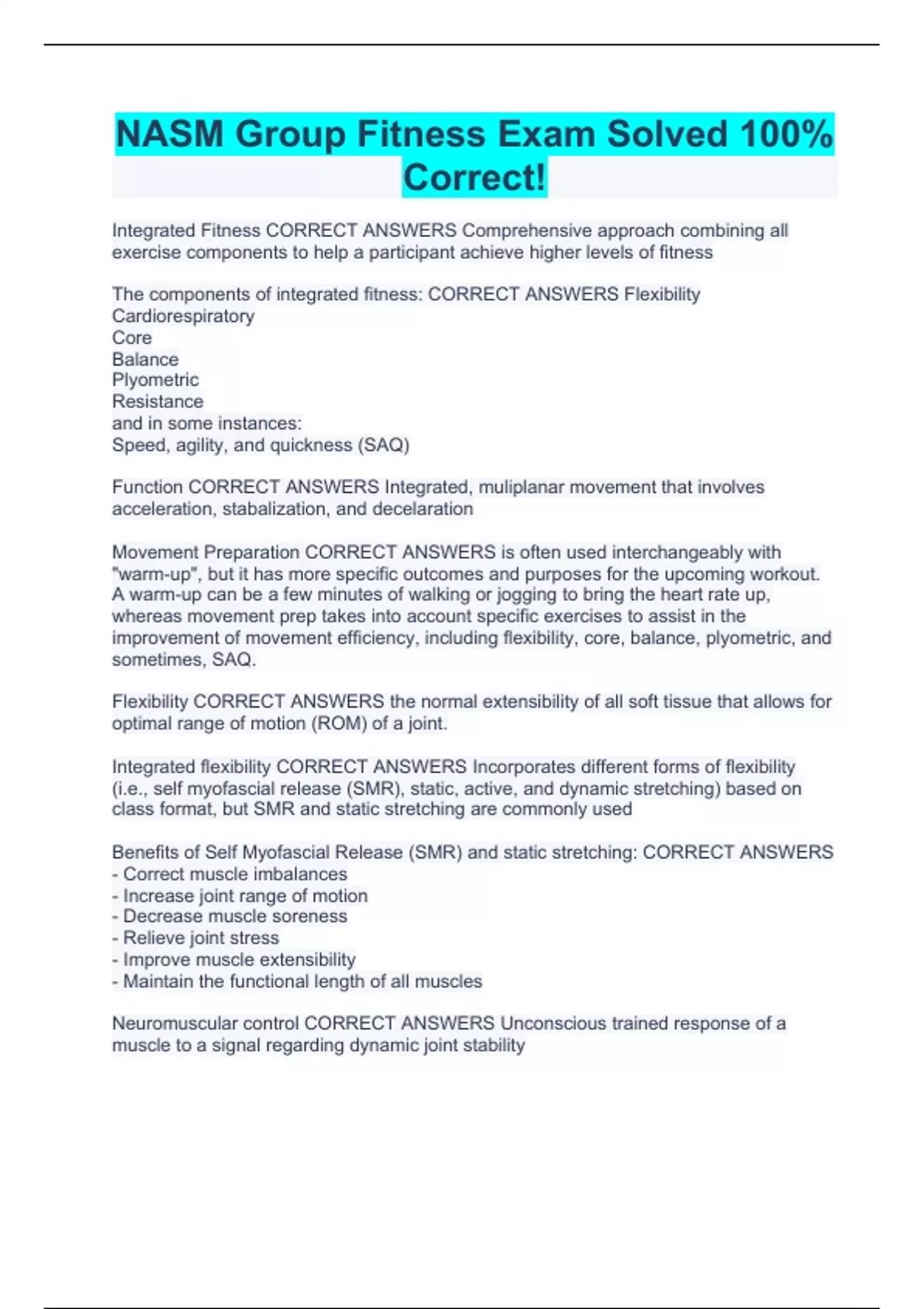 NASM Group Fitness Exam Solved 100% Correct! - Nasm group fitness ...