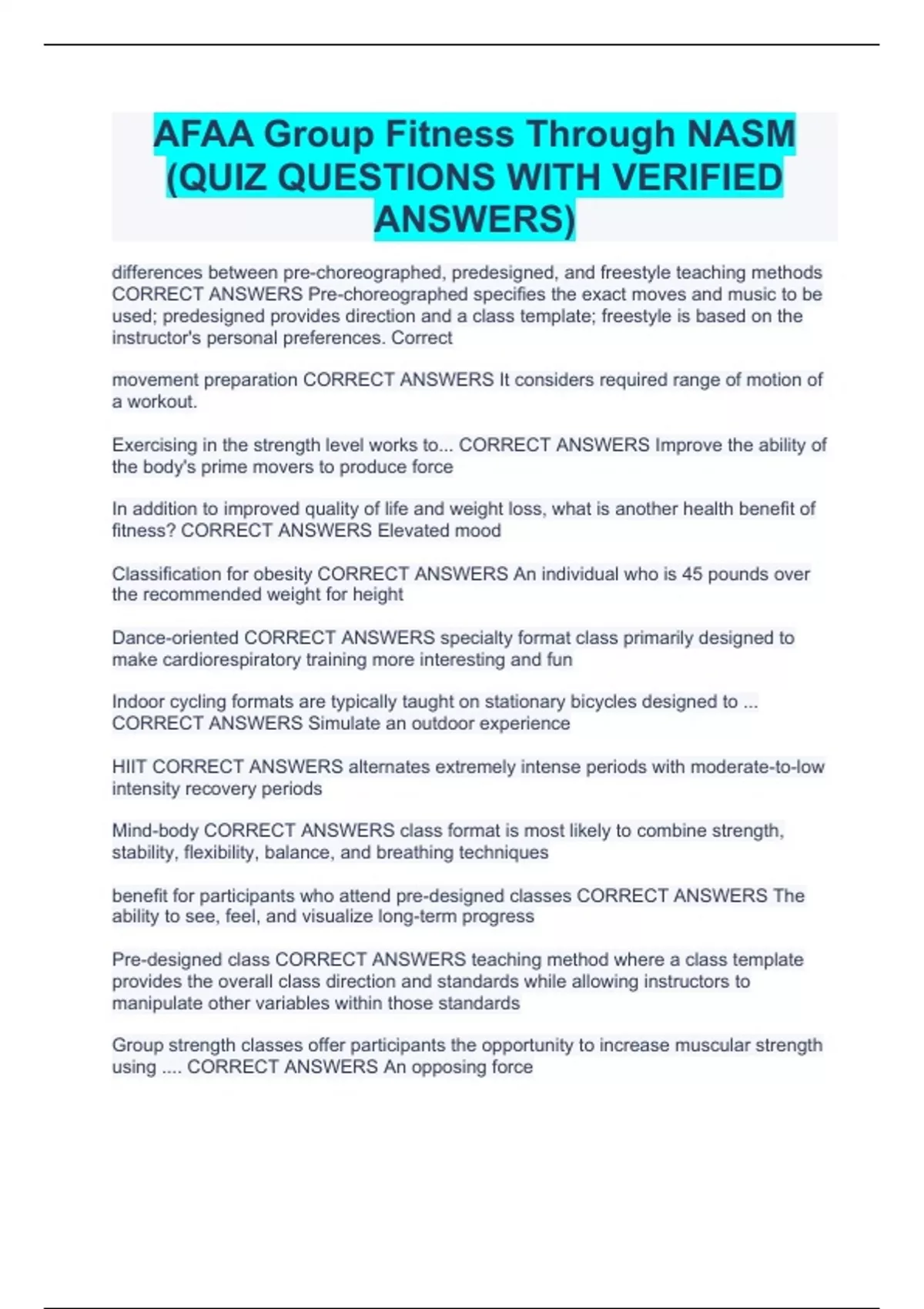 AFAA Group Fitness Through NASM (QUIZ QUESTIONS WITH VERIFIED ANSWERS ...
