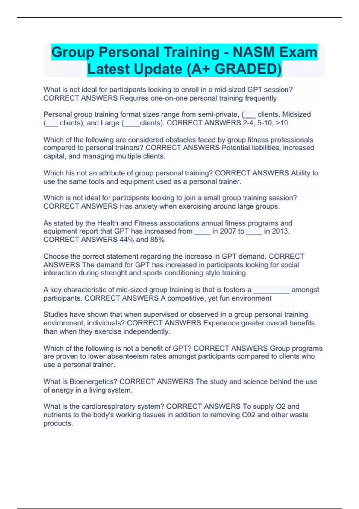 Group Personal Training - NASM Exam Latest Update (A+ GRADED) - Nasm ...