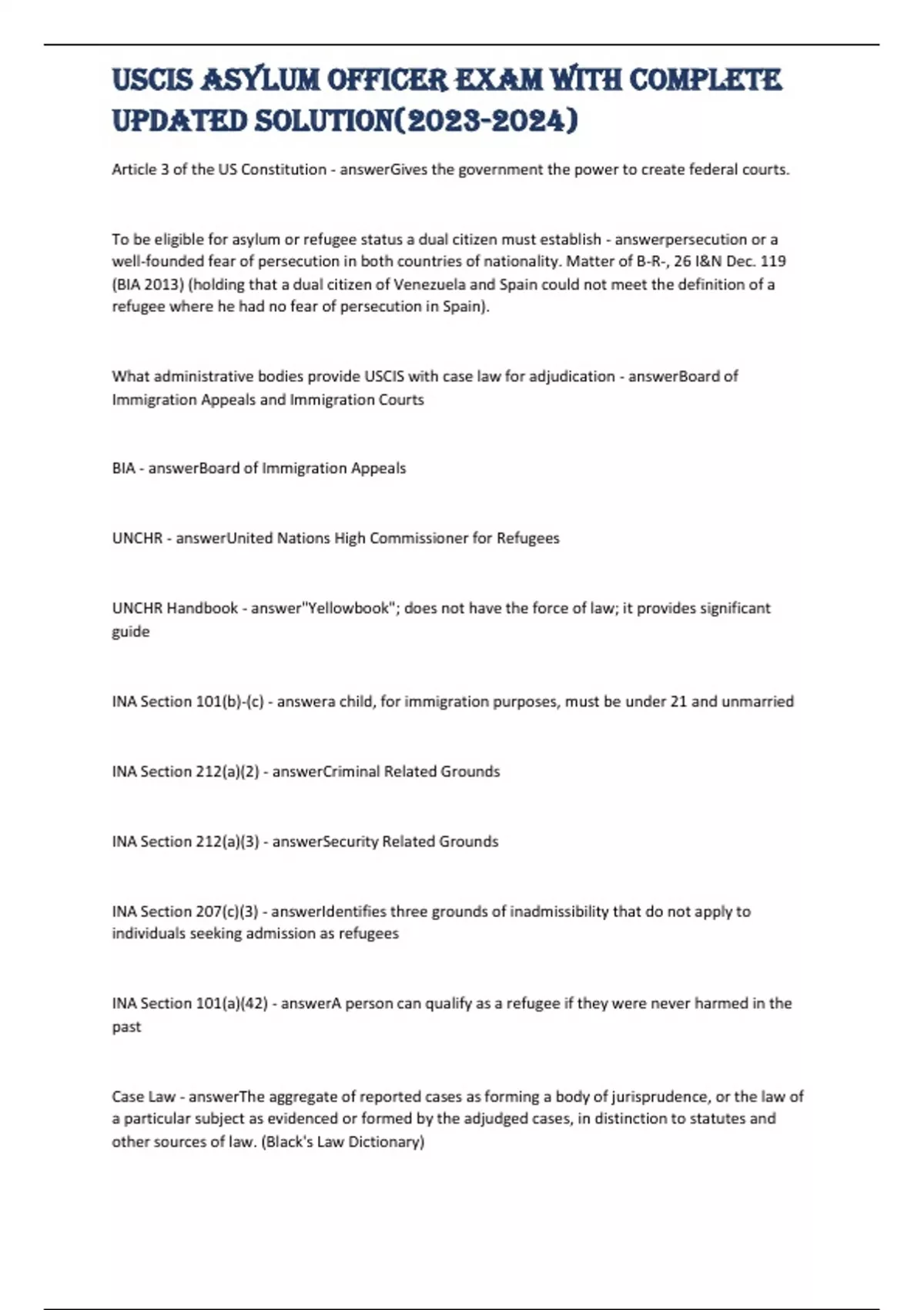 USCIS Asylum Officer Exam with complete updated solution() - USCIS ...