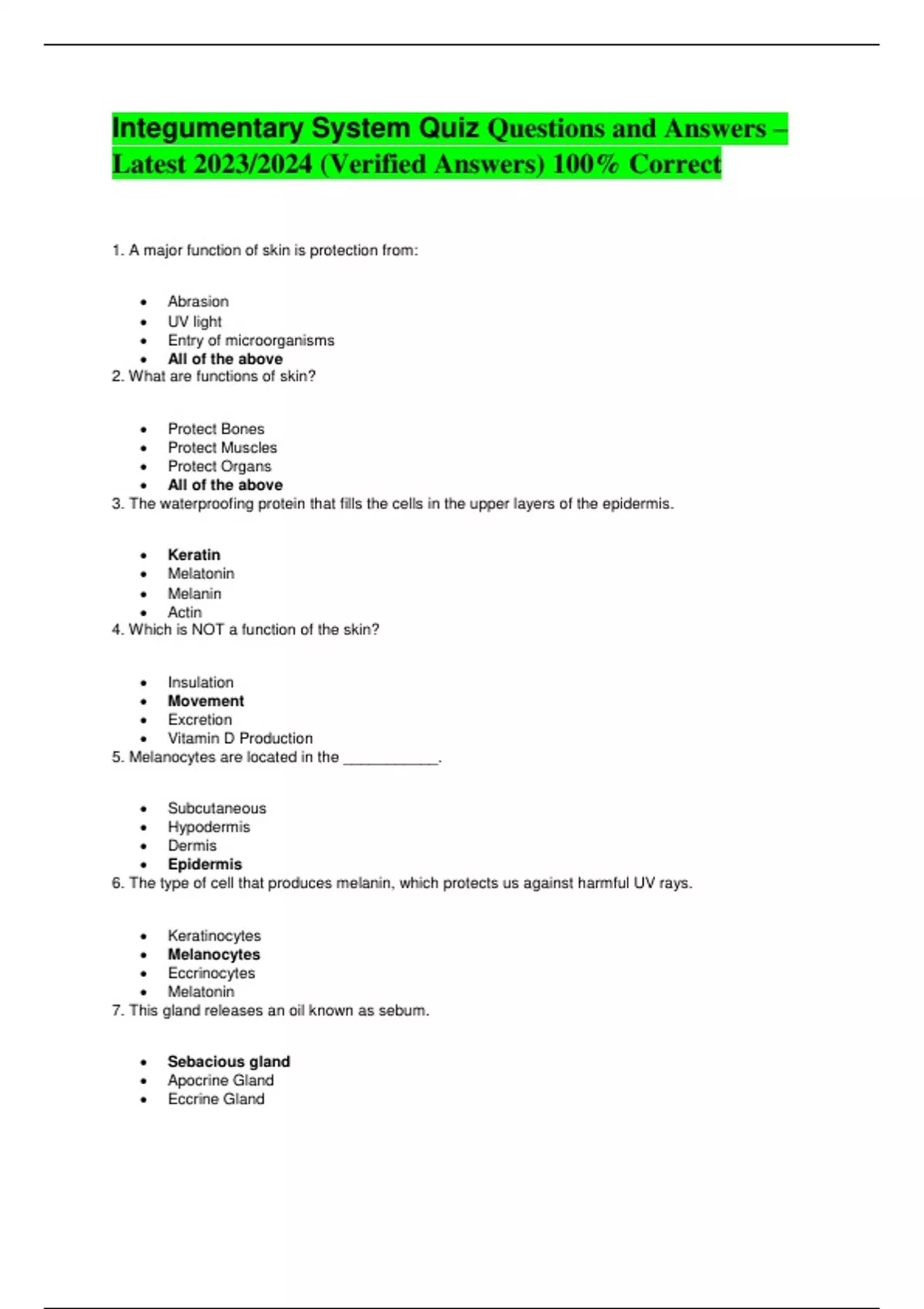 Integumentary System Quiz Questions and Answers – Latest 2023/2024 ...