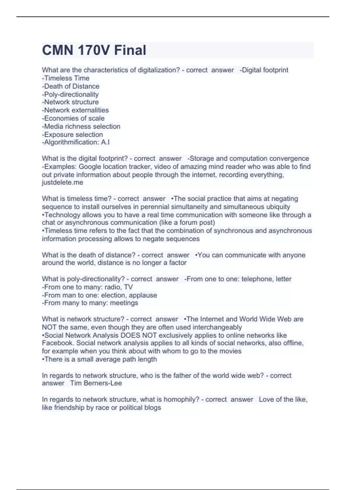 CMN 170V Final questions and answers 100% correct 2023 - CMN - Stuvia US